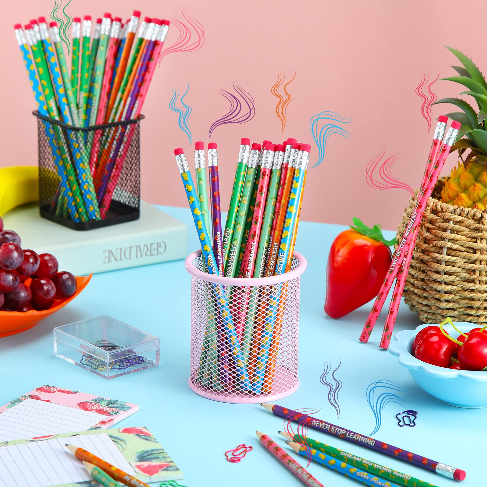 Scented Inspirational Motivational Pencils Student Colorful Fruit Pencils Cute Pencils with Eraser Wood Graphite Pencil for Girls Kids Boys School Students Gifts Supplies (120 Pcs)