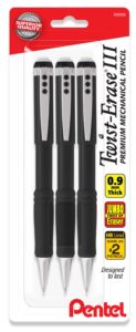 pentel mechanical pencil 0.9 mm twist erase iii - twist up eraser - pre-loaded super hi-polymer hb lead - black barrel - 3-pack - thick point