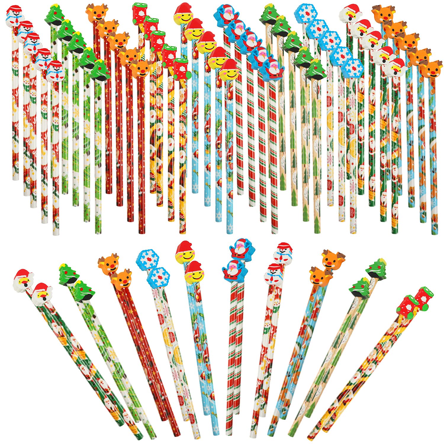 DIYASY Christmas Pencils for Kids Bulk, 50 Pcs Holiday Pencil with Erasers Xmas Wood Pencils Party Favor Supplies Classroom Rewards Prizes Stationery Decorations 10 Styles