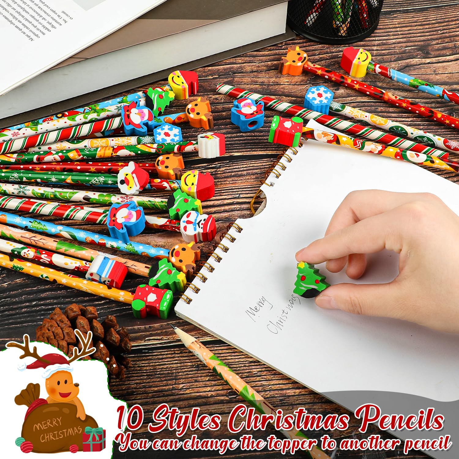 DIYASY Christmas Pencils for Kids Bulk, 50 Pcs Holiday Pencil with Erasers Xmas Wood Pencils Party Favor Supplies Classroom Rewards Prizes Stationery Decorations 10 Styles