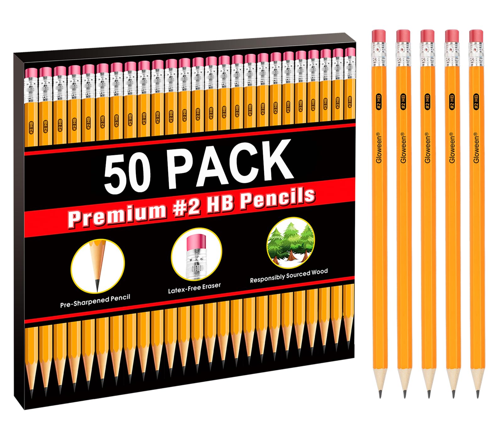 Gloween Wood-Cased #2 HB Pencils Bulk, 50 Pack Pre-Sharpened Yellow Pencils for Office School Supplies