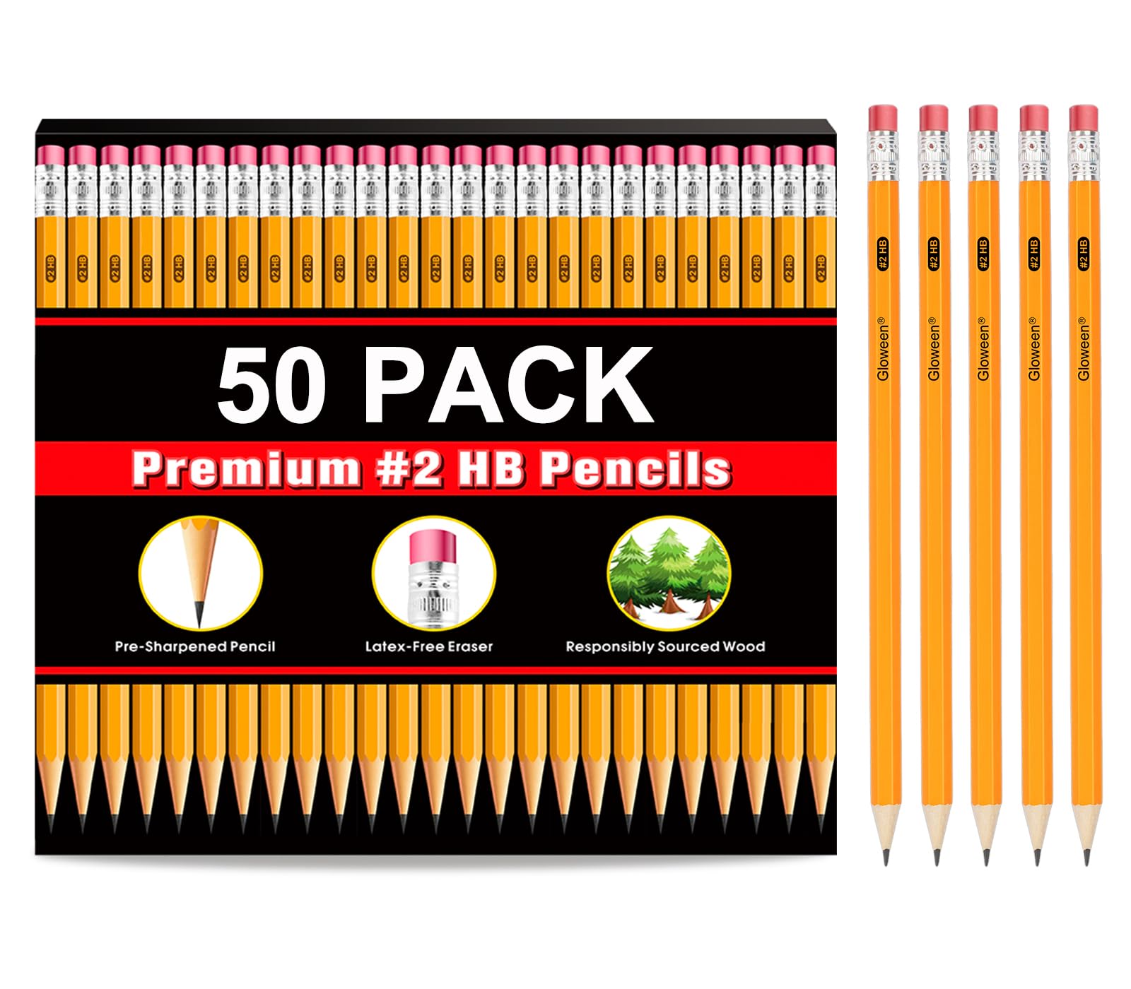 Gloween Wood-Cased #2 HB Pencils Bulk, 50 Pack Pre-Sharpened Yellow Pencils for Office School Supplies