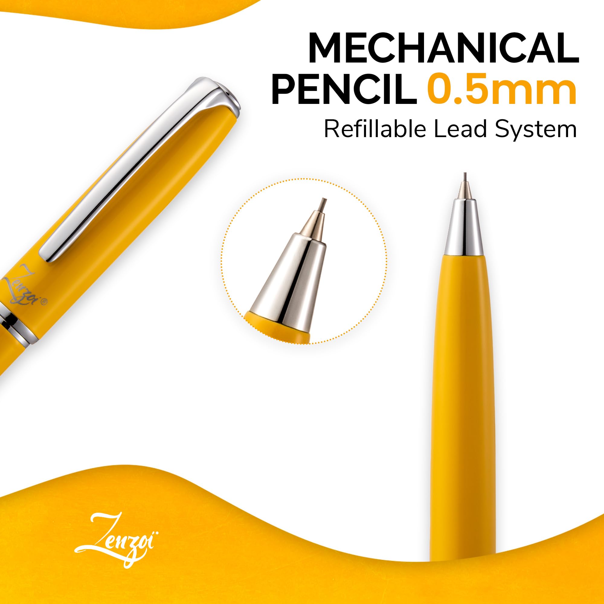 ZenZoi Yellow Mechanical Pencil w/Schmidt 0.5 mm Twist Lead System. Elegant Full Metal Pencil for Sketching, Drawing, Drafting, Writing & Note Taking. Luxury Gift Box for Men or Women