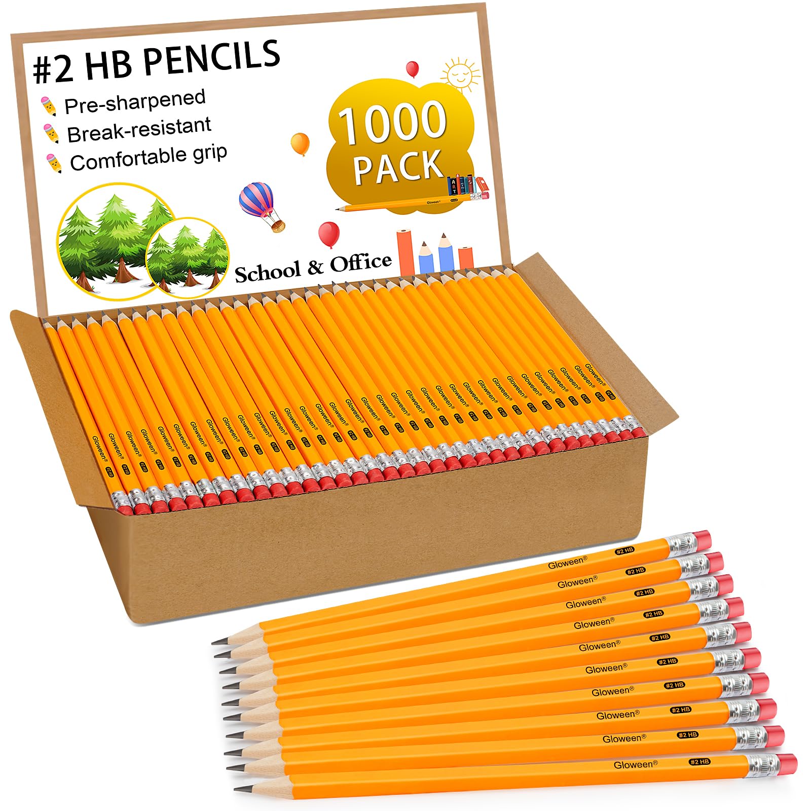 Gloween Wood-Cased #2 HB Pencils Bulk, 1000 Pack Pre-Sharpened Yellow Pencils for Office School Supplies