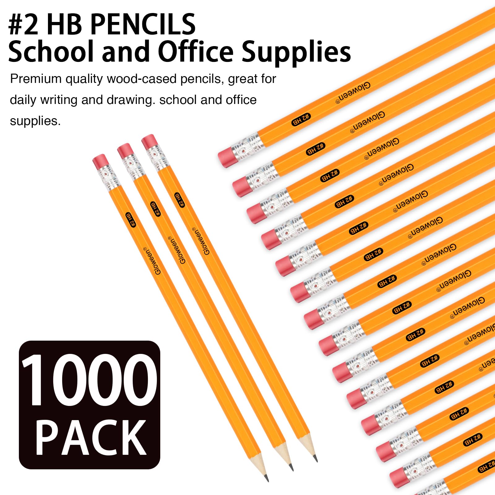 Gloween Wood-Cased #2 HB Pencils Bulk, 1000 Pack Pre-Sharpened Yellow Pencils for Office School Supplies