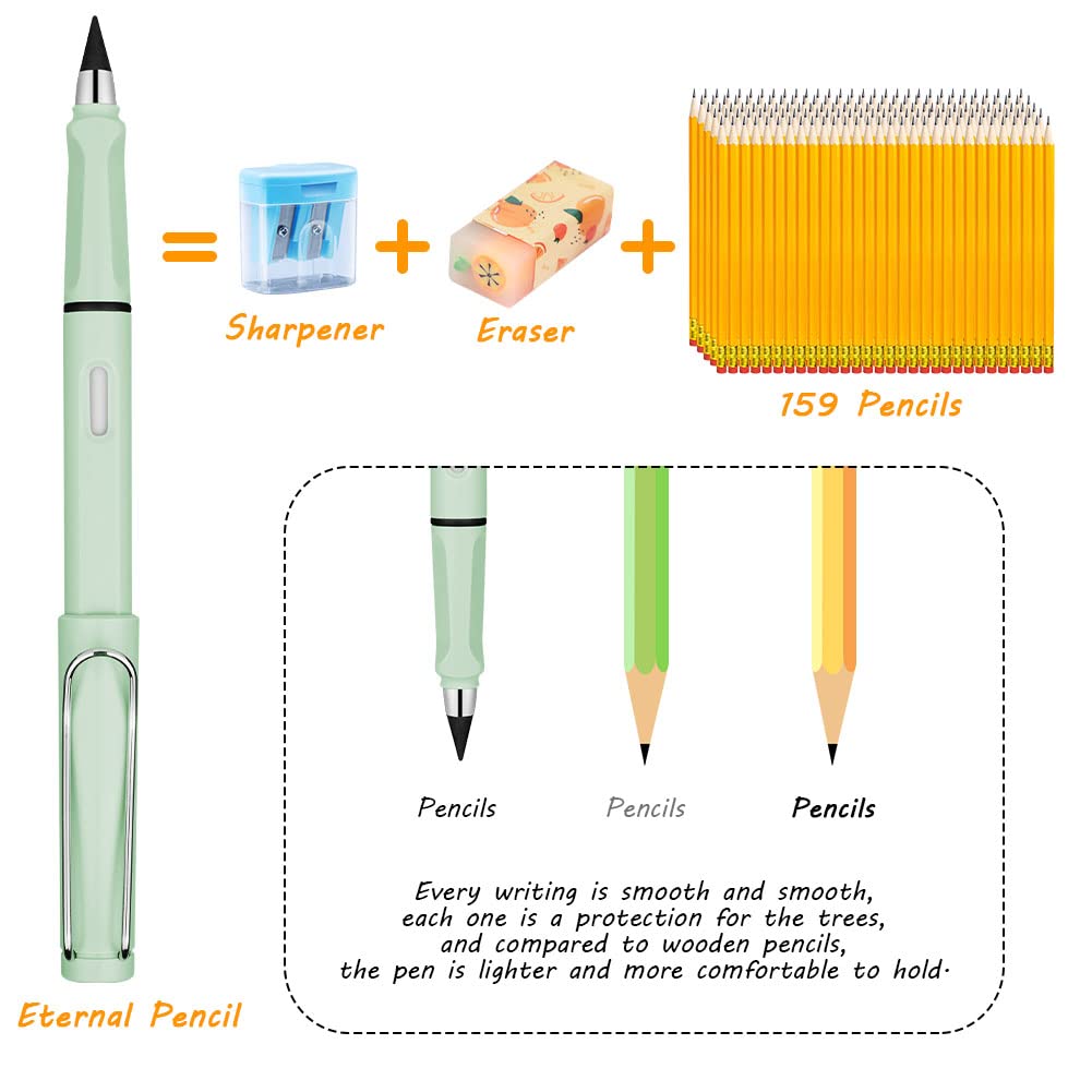 Ainiv Inkless Pencil with Eraser, 5 Sets Infinity Pencil Everlasting Pencil, Reusable Infinite Pencil with Extra 5 Eraser & 5 Replaceable Nibs, Endless Pencil for Home Office School Writing Drawing