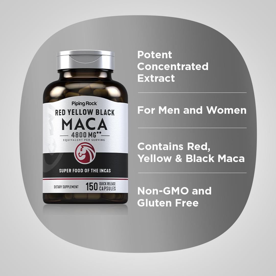 Piping Rock Maca Root Capsules | 4800mg | 150 Pills | Red Yellow Black Maca Root | Superfood | Non-GMO, Gluten Free Supplement