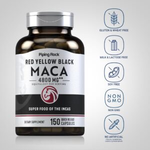 Piping Rock Maca Root Capsules | 4800mg | 150 Pills | Red Yellow Black Maca Root | Superfood | Non-GMO, Gluten Free Supplement