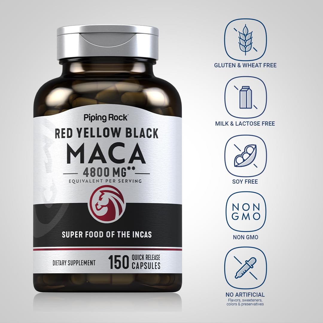 Piping Rock Maca Root Capsules | 4800mg | 150 Pills | Red Yellow Black Maca Root | Superfood | Non-GMO, Gluten Free Supplement