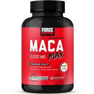 force factor maca max, maca root capsules to maximize vitality & performance, made with black maca, red maca, & yellow maca powder, maca root powder, 2000mg, 120 capsules