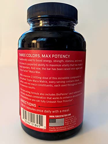 Force Factor Maca Max, Maca Root Capsules to Maximize Vitality & Performance, Made with Black Maca, Red Maca, & Yellow Maca Powder, Maca Root Powder, 2000mg, 120 Capsules