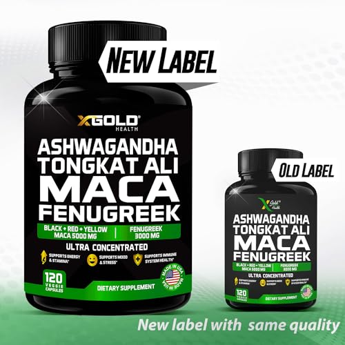 Ashwagandha 5000mg + Tongkat Ali 1000mg + Maca Root 5000mg + Fenugreek 3000mg Supplement | Black + Red + Yellow Maca Root Extract & Fenugreek Herbal Supplements for Men & Women - Made in USA