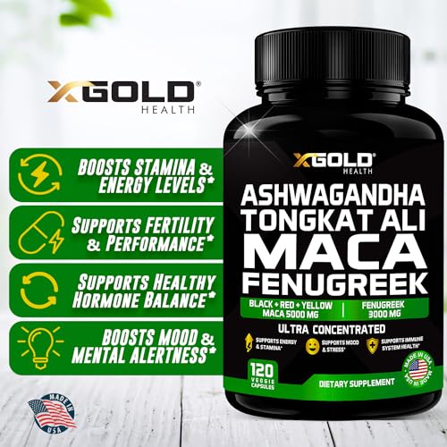 Ashwagandha 5000mg + Tongkat Ali 1000mg + Maca Root 5000mg + Fenugreek 3000mg Supplement | Black + Red + Yellow Maca Root Extract & Fenugreek Herbal Supplements for Men & Women - Made in USA