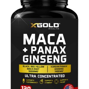 Maca Root Capsules 10,000mg + Korean Panax Ginseng 1,400mg - 20x Concentrated Extract Black + Red + Yellow Maca Root, 10x Concentrated Extract Panax Ginseng Capsules - Ultra Potent & Highly Purified