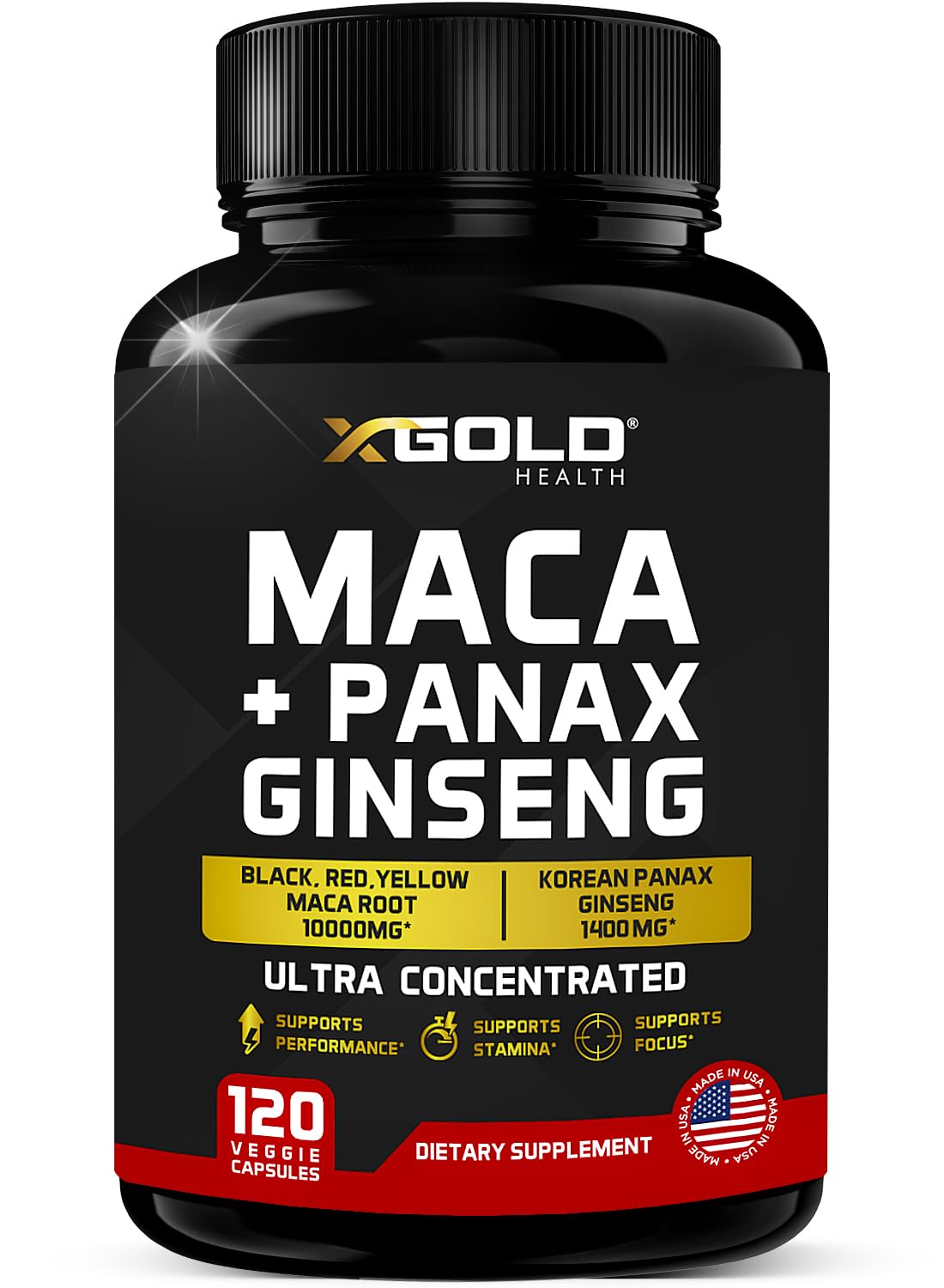 Maca Root Capsules 10,000mg + Korean Panax Ginseng 1,400mg - 20x Concentrated Extract Black + Red + Yellow Maca Root, 10x Concentrated Extract Panax Ginseng Capsules - Ultra Potent & Highly Purified