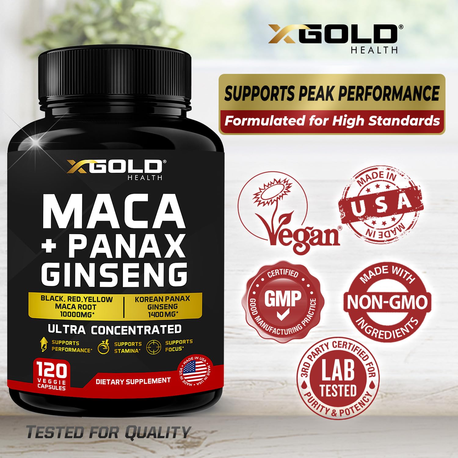 Maca Root Capsules 10,000mg + Korean Panax Ginseng 1,400mg - 20x Concentrated Extract Black + Red + Yellow Maca Root, 10x Concentrated Extract Panax Ginseng Capsules - Ultra Potent & Highly Purified