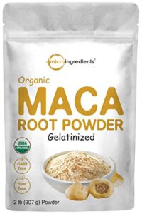 organic maca root powder, 2 pound, gelatinized for better absorption, rich in antioxidants, help energy, stamina, endurance, strength and immune system, no gmos, vegan friendly and peru origin