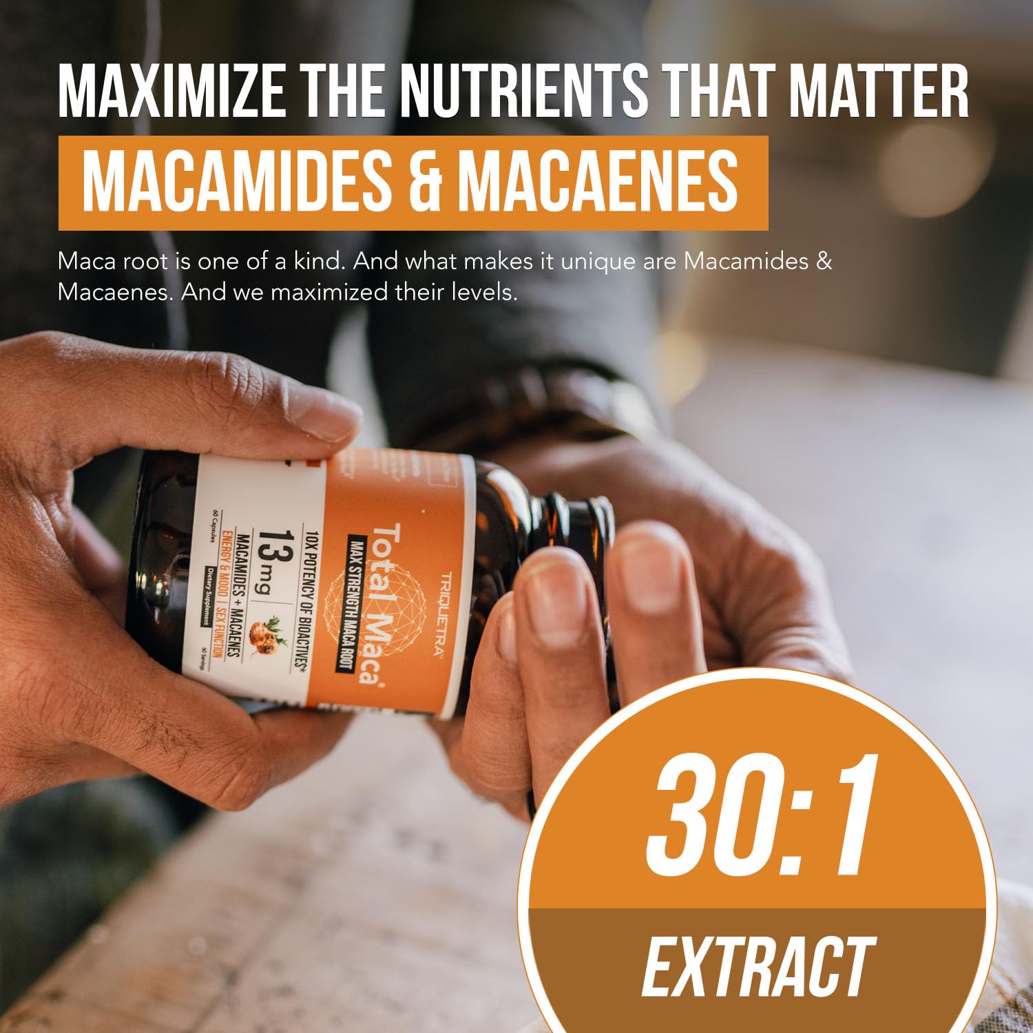 Total Maca | Maca Root Extract – 30:1 Extract, Max Potency | Optimized for Active Nutrients Macamides + Macaenes (13,000 mcg Per Serving) Maca Root Capsules for Women & Men (60 Capsules)