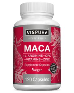 vispura maca root capsules 5000 mg + l-arginine, vitamins b6 + b12, opc and zinc, energy boosting formula* for men and women, 120 vegan tablets with organic maca peruana extract