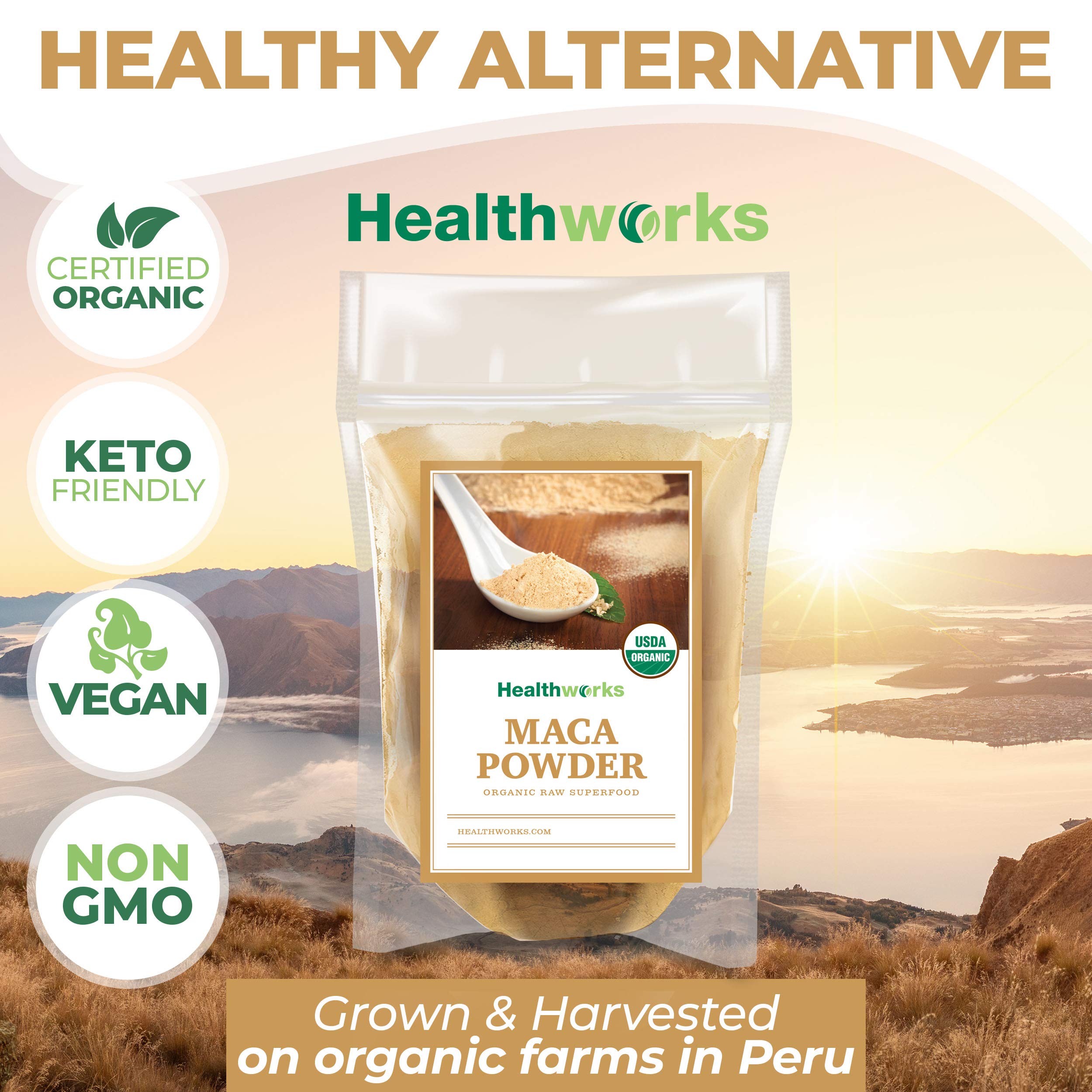 Healthworks Maca Powder Raw (32 Ounces / 2 Pounds) | Certified Organic Flour Use | Keto, Vegan & Non-GMO | Premium Peruvian Origin | Breakfast, Smoothies, Baking & Coffee