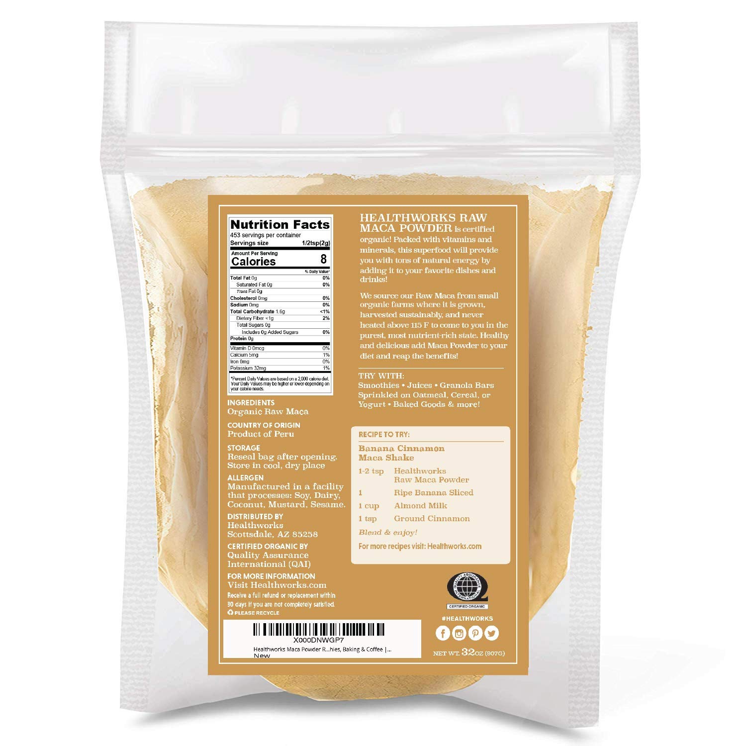 Healthworks Maca Powder Raw (32 Ounces / 2 Pounds) | Certified Organic Flour Use | Keto, Vegan & Non-GMO | Premium Peruvian Origin | Breakfast, Smoothies, Baking & Coffee