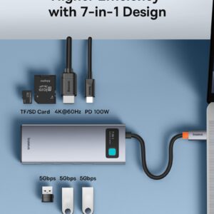 Baseus USB C to HDMI Adapter, 4K@60Hz USB C Docking Station, 7 in 1 USB C Hub with 3 USB-A, PD 100W, TF/SD Card Reader, USB C Dock Compatible for iPhone 15/Mac/Dell/Acer/HP/ASUS/Steam Deck/Rog Ally