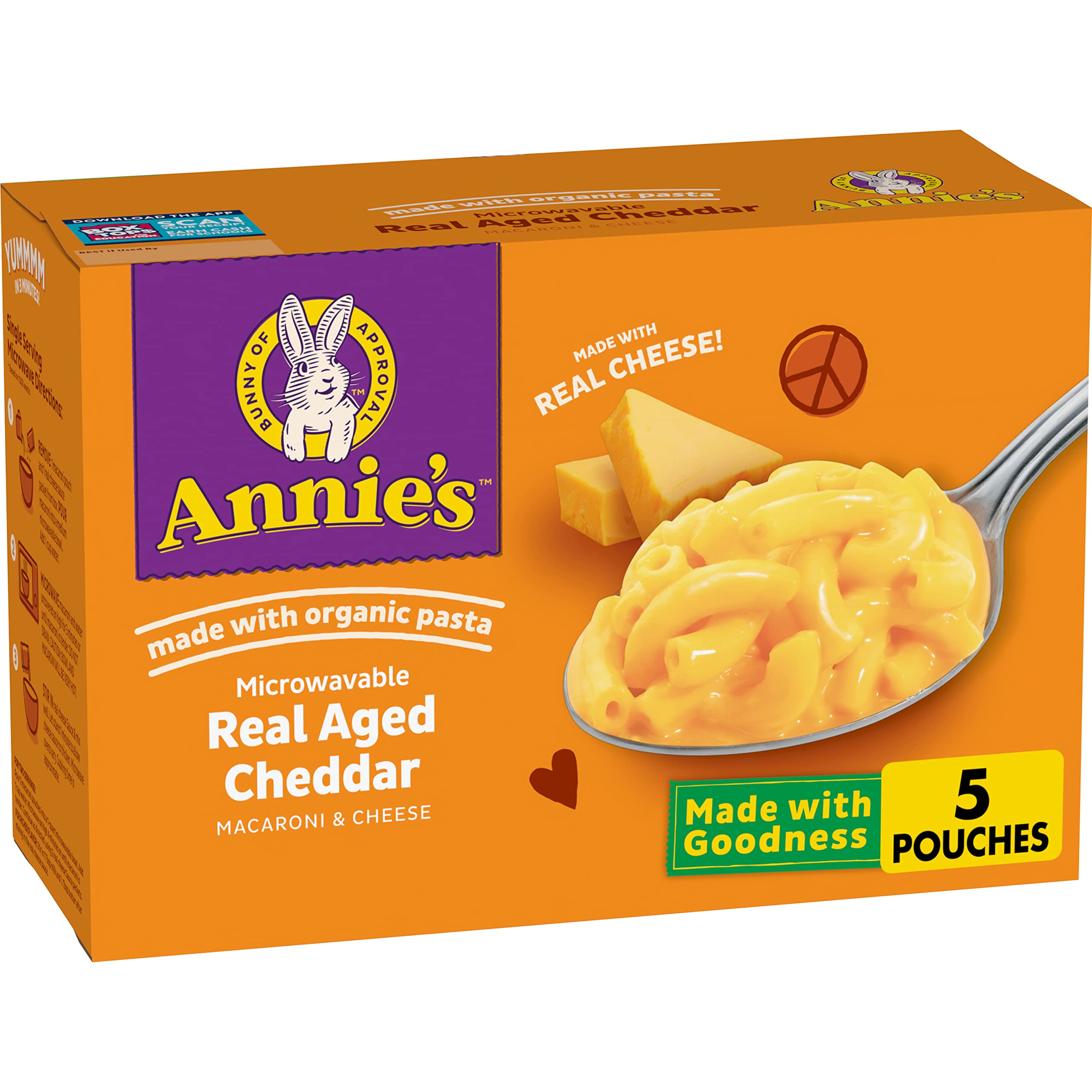 Annie’s Real Aged Cheddar Microwave Mac & Cheese with Organic Pasta, 5 Ct, 2.15 OZ Packets