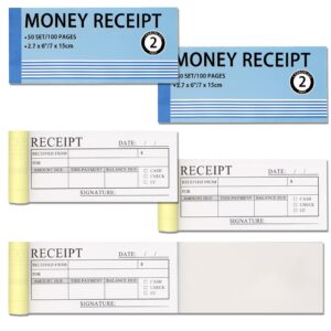 money and rent receipt book 5 pack/250 sets, 2-part, 2.75"x6" carbonless copy receipt book with cardboard and waterproof cover (50 sets per book)