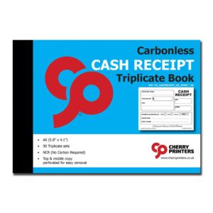 cherry carbonless cash receipt book, 3-part, with loose-leaf writing shield, a6 (4.1 x 5.8 inches) 50 sets, unnumbered