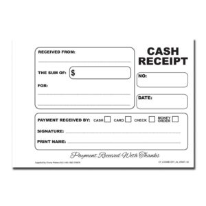 Cherry Carbonless Cash Receipt Book, 3-Part, with Loose-Leaf Writing Shield, A6 (4.1 x 5.8 Inches) 50 Sets, Unnumbered