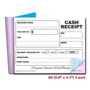 Cherry Carbonless Cash Receipt Book, 3-Part, with Loose-Leaf Writing Shield, A6 (4.1 x 5.8 Inches) 50 Sets, Unnumbered