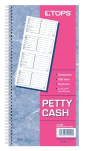 tops spiral petty cash receipt book, 2-part, carbonless, 4 messages per page, 200 sets per book (4109)