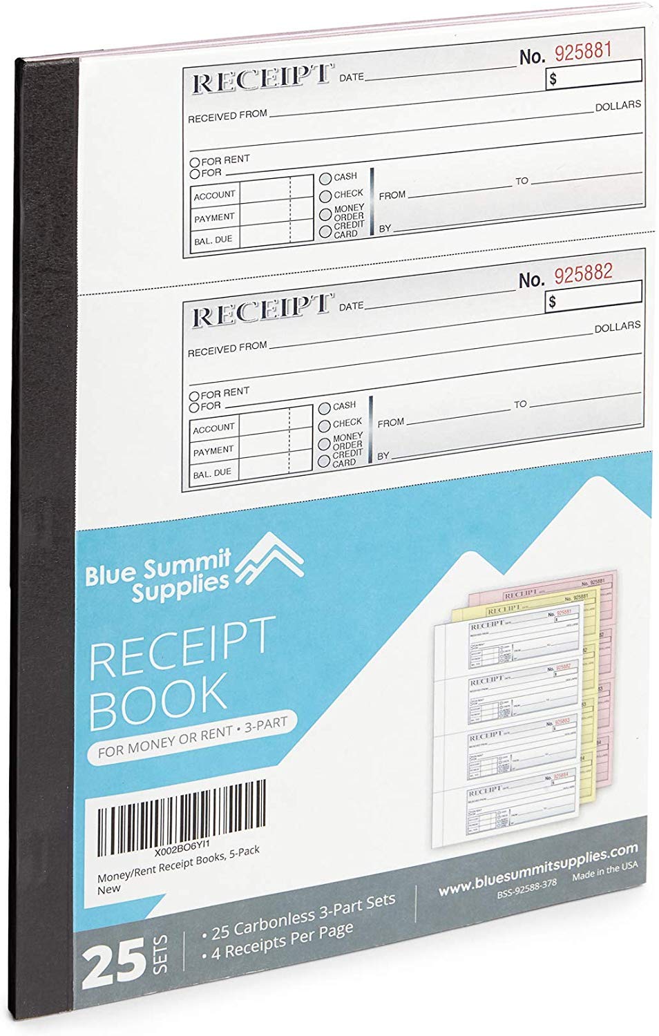 Blue Summit Supplies Triplicate Receipt Book, 100 per Book, 500 Total, 5 Pack, 3 Part Carbonless Payment Receipt Books for Money, Rent, or Cash with White/Yellow/Pink Copies, 11 x 7.5 inch,