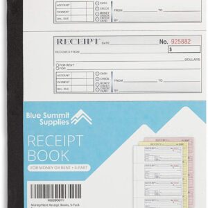 Blue Summit Supplies Triplicate Receipt Book, 100 per Book, 500 Total, 5 Pack, 3 Part Carbonless Payment Receipt Books for Money, Rent, or Cash with White/Yellow/Pink Copies, 11 x 7.5 inch,