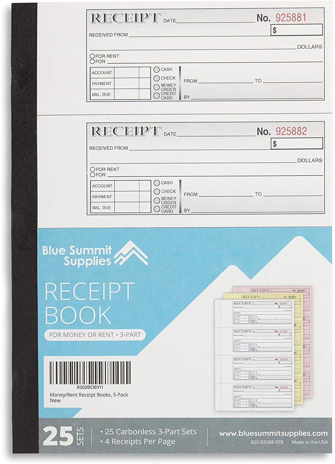 Blue Summit Supplies Triplicate Receipt Book, 100 per Book, 500 Total, 5 Pack, 3 Part Carbonless Payment Receipt Books for Money, Rent, or Cash with White/Yellow/Pink Copies, 11 x 7.5 inch,