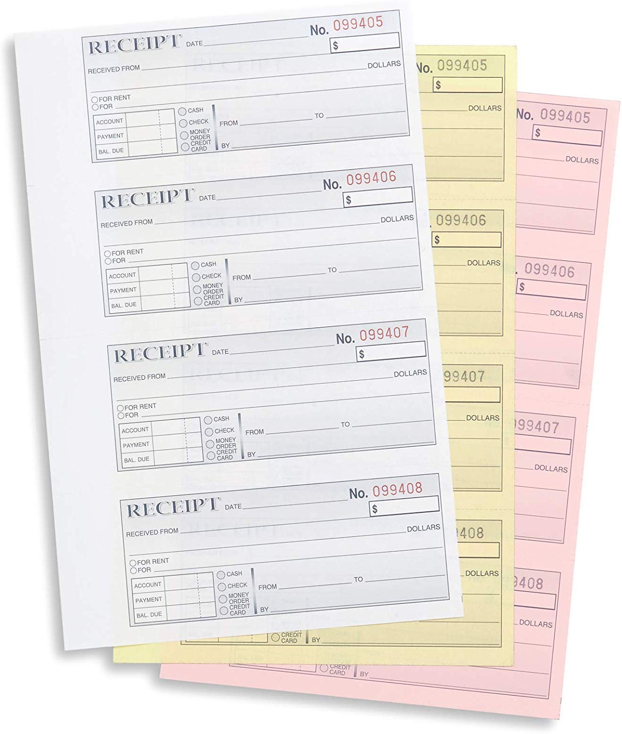 Blue Summit Supplies Triplicate Receipt Book, 100 per Book, 500 Total, 5 Pack, 3 Part Carbonless Payment Receipt Books for Money, Rent, or Cash with White/Yellow/Pink Copies, 11 x 7.5 inch,