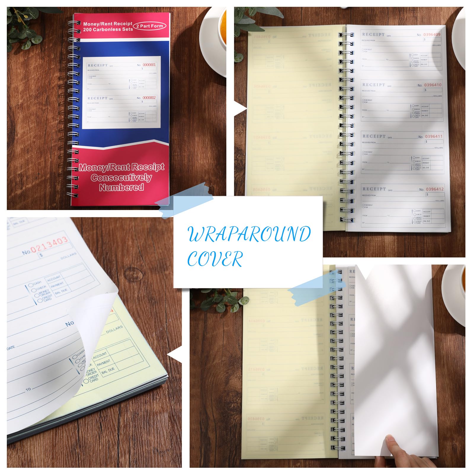 Crtiin Books Money and Rent Receipt Book 2 Part Carbonless Receipt Log Book with Carbonless Copies, Spiral Bound, 200 Sets Per Book, 4 Receipts Per Page, 5.25 x 11 Inch(10 Pcs)