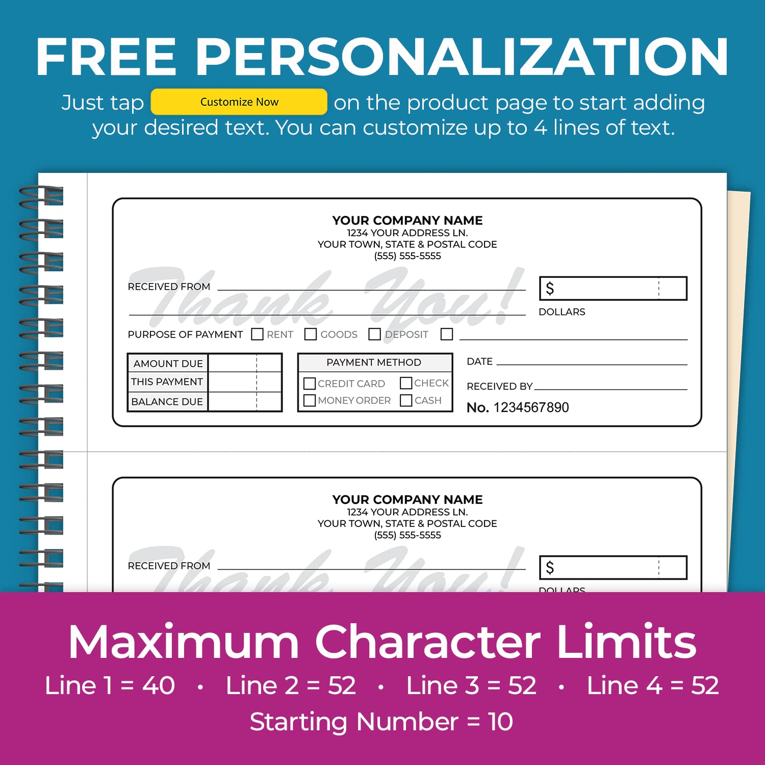 Custom 8.5" x 7" (3 Per Page) Carbonless NCR Books in 2-Part Duplicate Invoices, Receipts, Work Orders, Sales Orders, Purchase Orders, Estimates, Quote Forms with Your Company/Business Name (300 Sets)