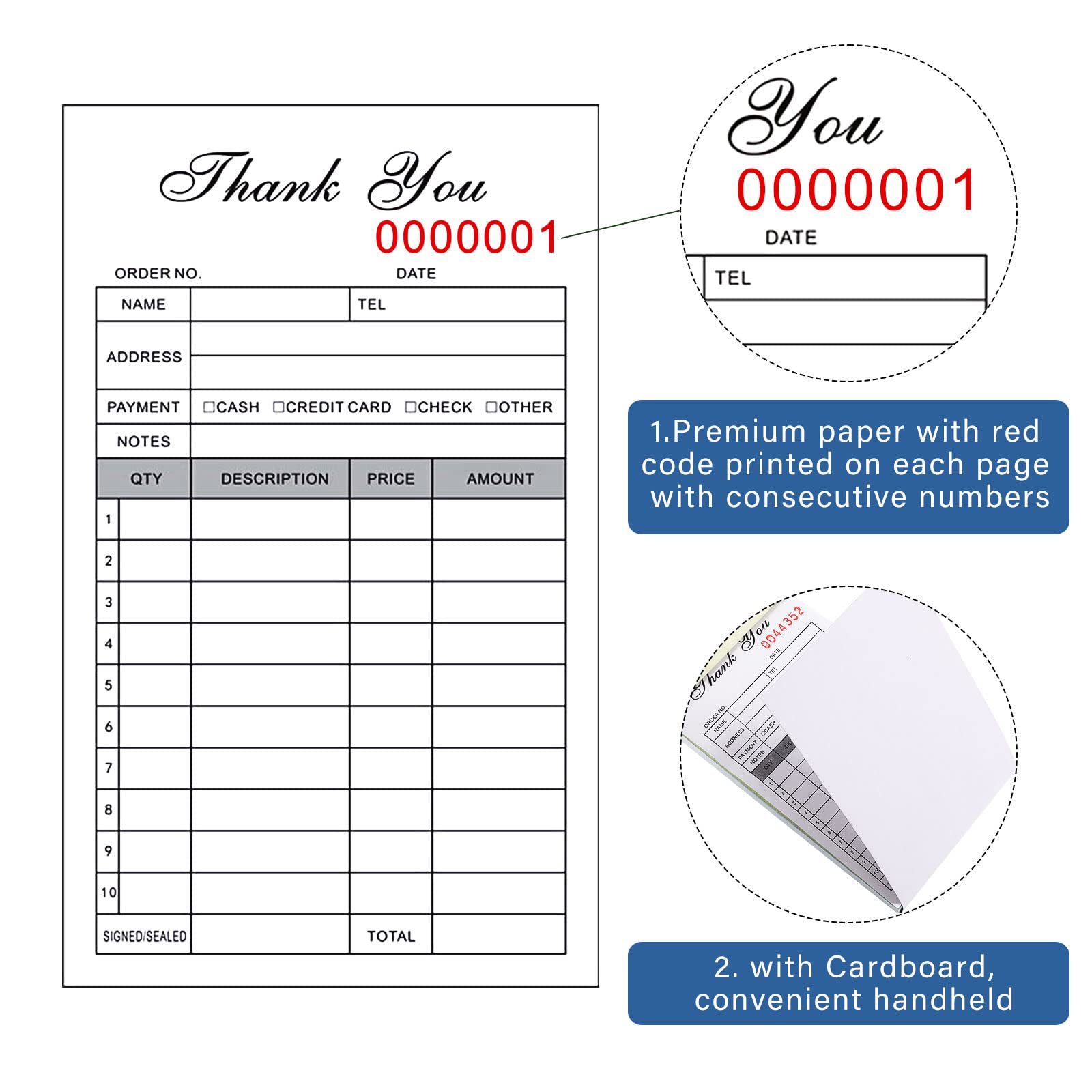 10 Pack Thank You Receipt Book, 3.4x5.5" Handheld 2-Part Carbonless Sales Invoice Book, Invoice Pad with Cardboard for Small Boutique Business, (50 Sets * 10Pack)