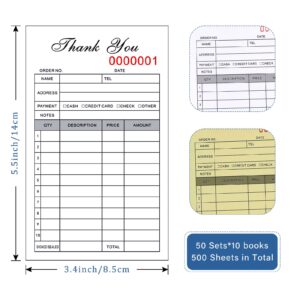 10 Pack Thank You Receipt Book, 3.4x5.5" Handheld 2-Part Carbonless Sales Invoice Book, Invoice Pad with Cardboard for Small Boutique Business, (50 Sets * 10Pack)