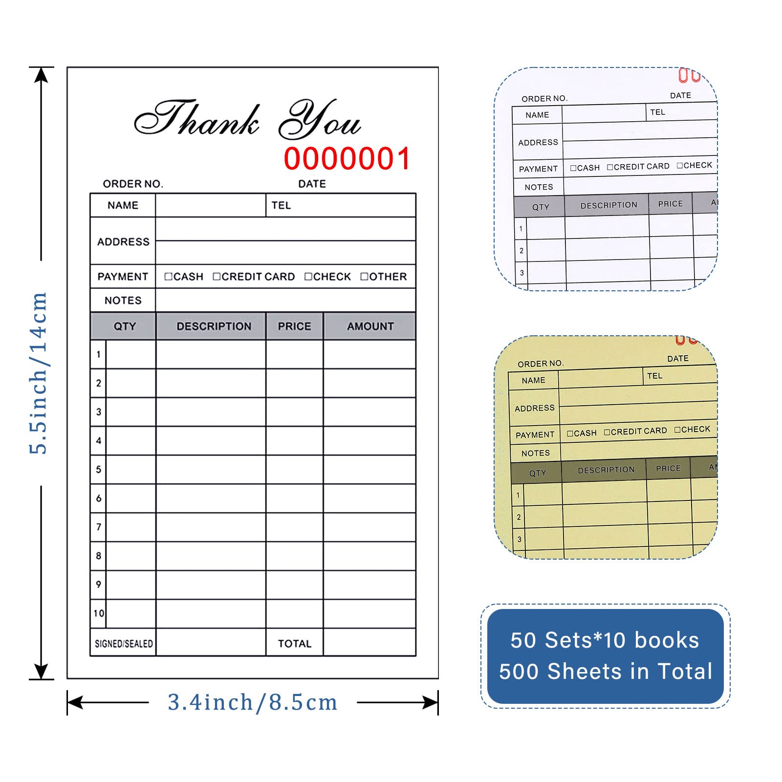 10 Pack Thank You Receipt Book, 3.4x5.5" Handheld 2-Part Carbonless Sales Invoice Book, Invoice Pad with Cardboard for Small Boutique Business, (50 Sets * 10Pack)