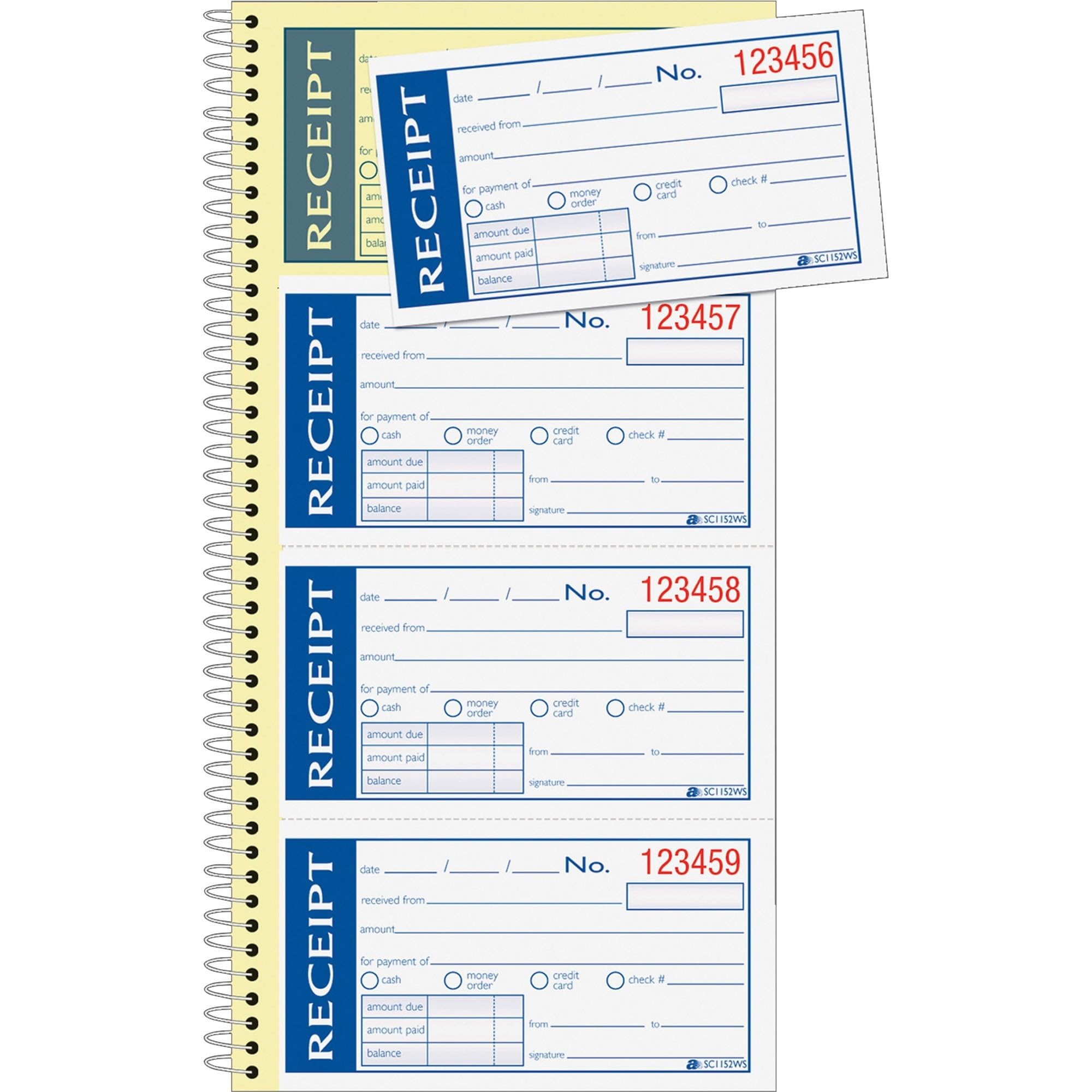 Adams Write n' Stick Receipt Book, 2-Part, Carbonless, White/Canary, 5-1/4" x 11", Spiral Bound, 200 Sets per Book, 4 Receipts per Page (SC1152WS)