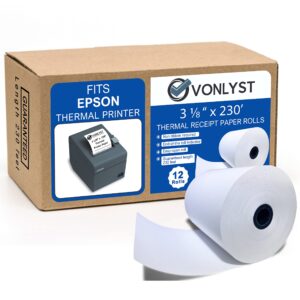 vonlyst 3 1/8 x 230 thermal paper receipt roll for epson printer (pack 12 rolls)