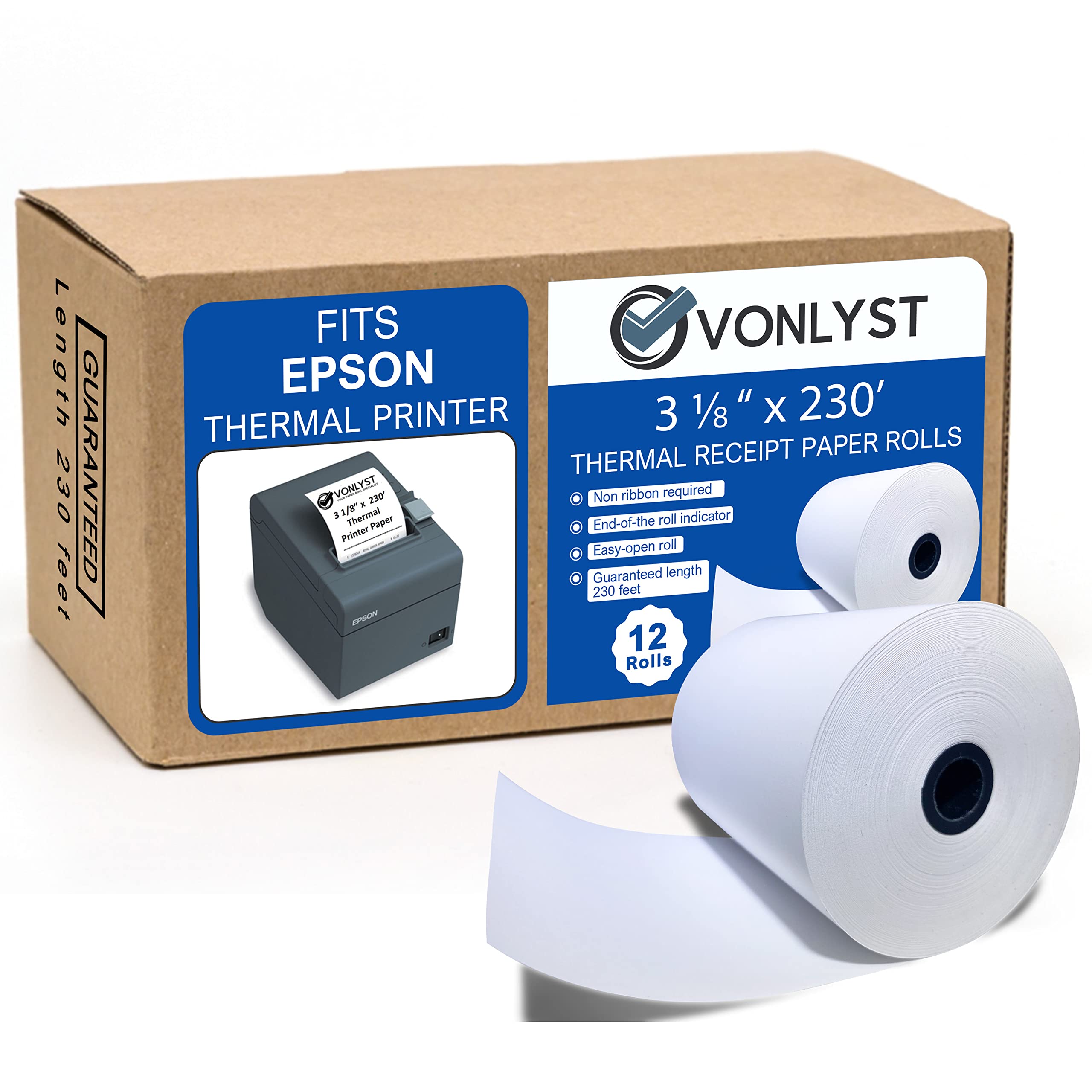 Vonlyst 3 1/8 x 230 Thermal Paper Receipt Roll for Epson Printer (Pack 12 rolls)