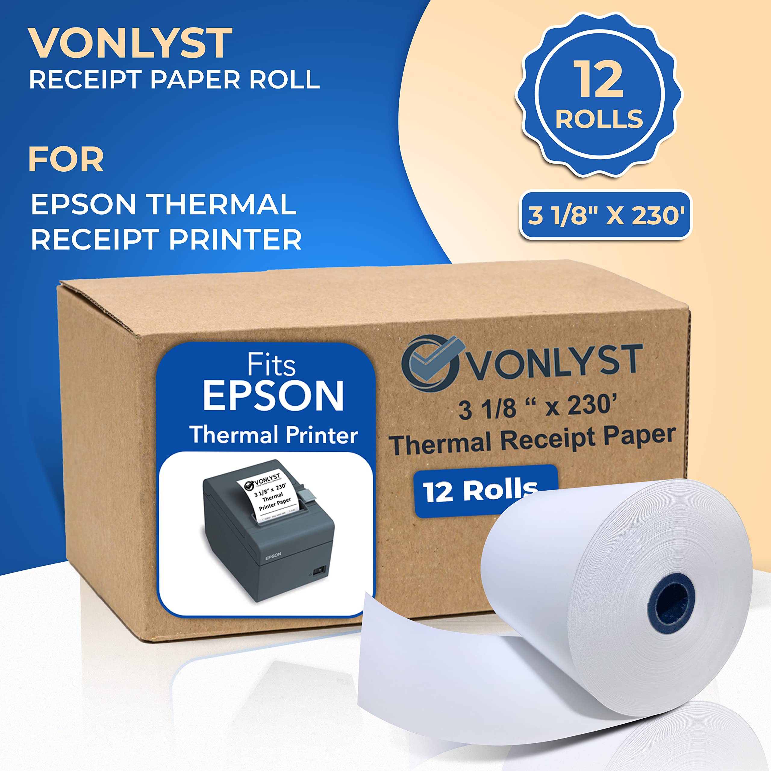 Vonlyst 3 1/8 x 230 Thermal Paper Receipt Roll for Epson Printer (Pack 12 rolls)