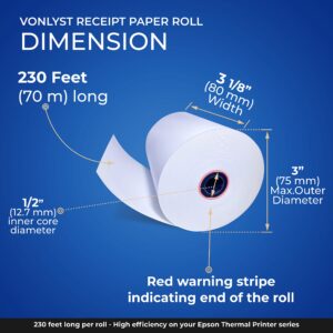 Vonlyst 3 1/8 x 230 Thermal Paper Receipt Roll for Epson Printer (Pack 12 rolls)