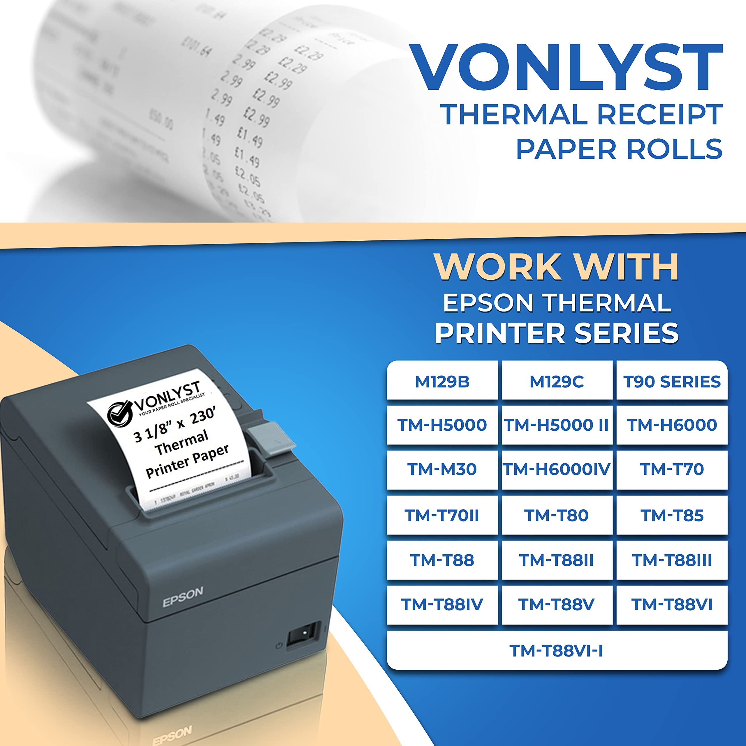 Vonlyst 3 1/8 x 230 Thermal Paper Receipt Roll for Epson Printer (Pack 12 rolls)