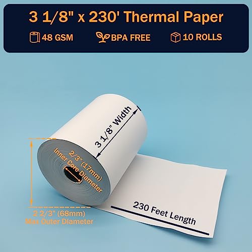 (10 Rolls) 3 1/8 x 230 Thermal Paper Rolls, BPA Free Thermal Receipt Paper Rolls, 3.125 inch Wide and 230 ft Long Per Thermal Paper Receipt Roll