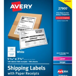 Avery Printable Shipping Labels with Paper Receipts, 5-1/16" x 7-5/8", White, 100 Blank Mailing Labels (27900)