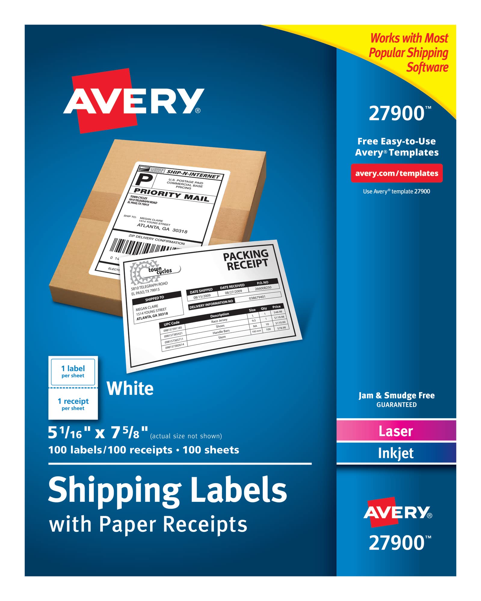 Avery Printable Shipping Labels with Paper Receipts, 5-1/16" x 7-5/8", White, 100 Blank Mailing Labels (27900)